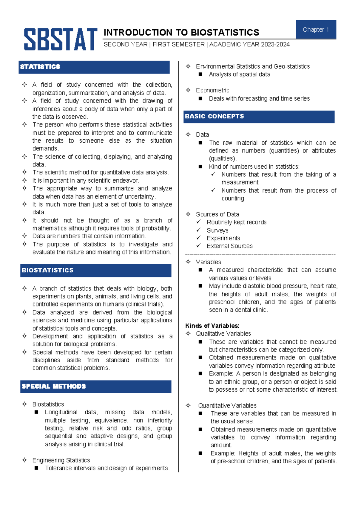 BIOSTAT CHAPTER 1 - SBSTAT INTRODUCTION TO BIOSTATISTICS Chapter 1 SECOND YEAR | FIRST SEMESTER ...