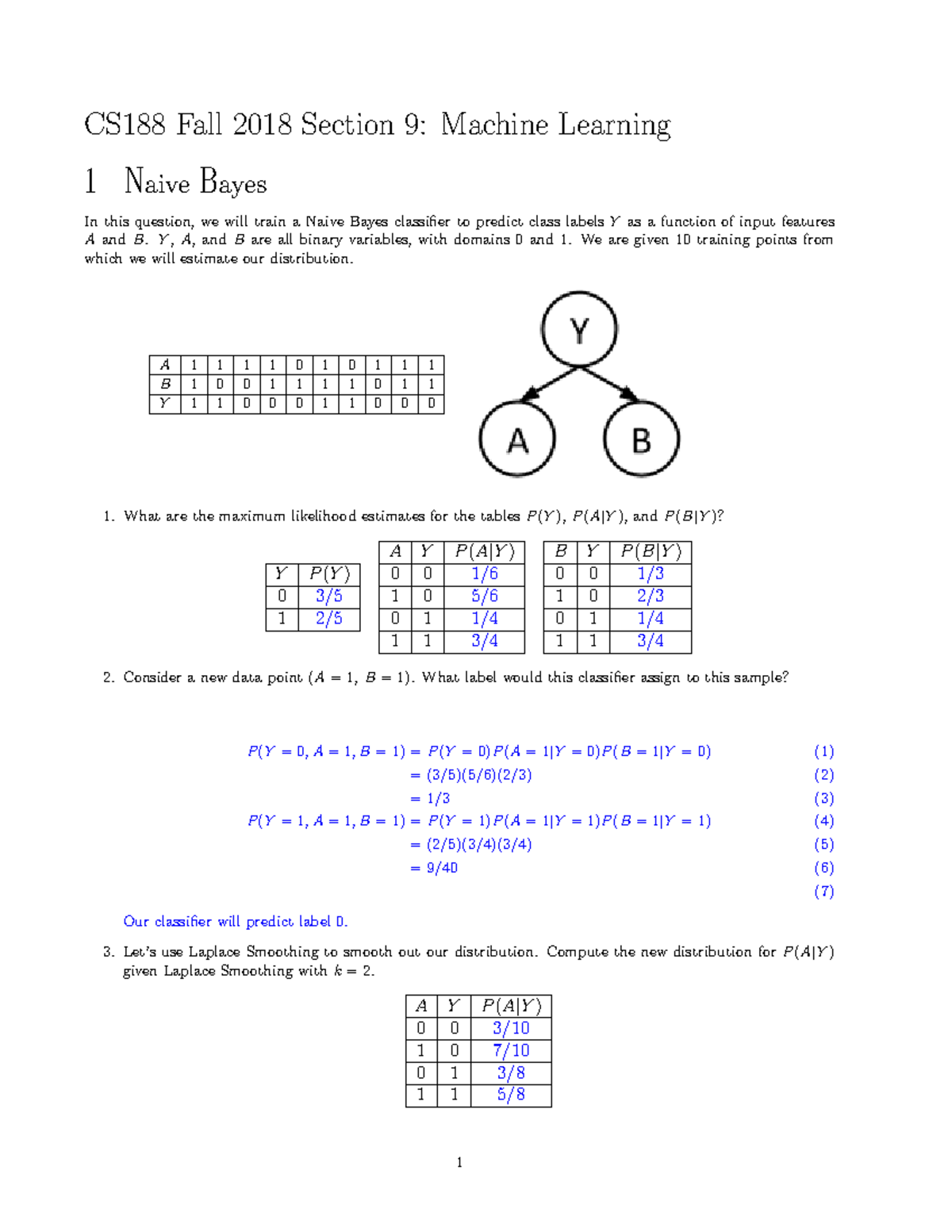 Section 9 solutions - CS188 Fall 2018 Section 9: Machine Learning 1 Naive Bayes In this question ...