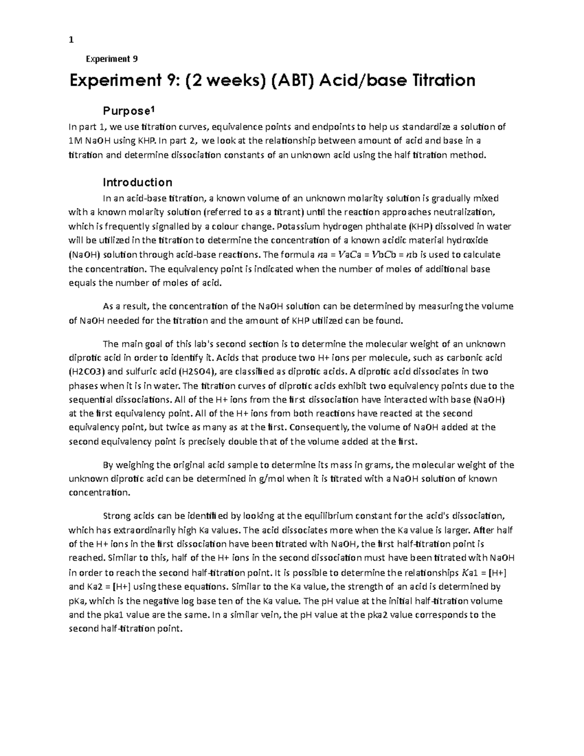 ACID BASE Titration Report - Experiment 9 Experiment 9: (2 weeks) (ABT ...