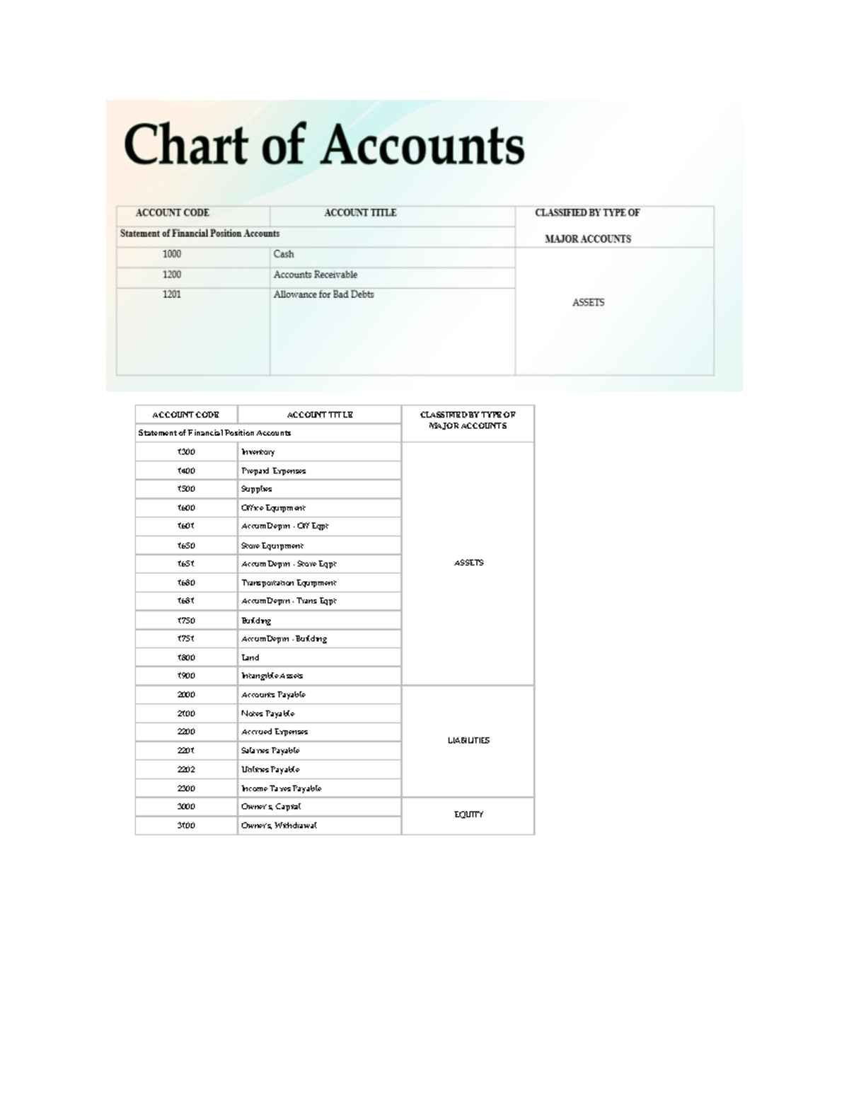 Chart OF Accounts - ACCOUNT CODE ACCOUNT TITLE CLASSIFIED BY TYPE OF ...