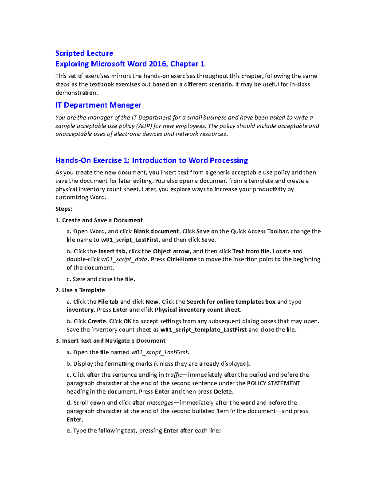 W01 script - NAD - Scripted Lecture Exploring Microsoft Word 2016 ...