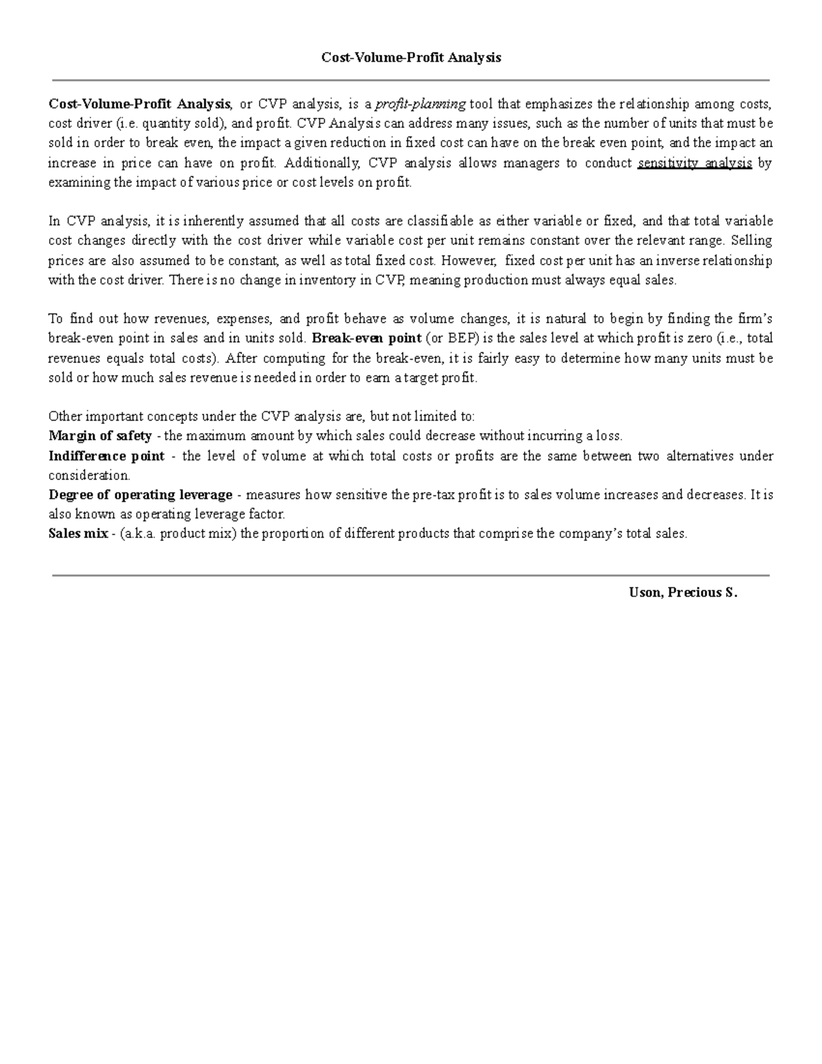 Short overview of CVP - Cost-Volume-Profit Analysis Cost-Volume-Profit ...