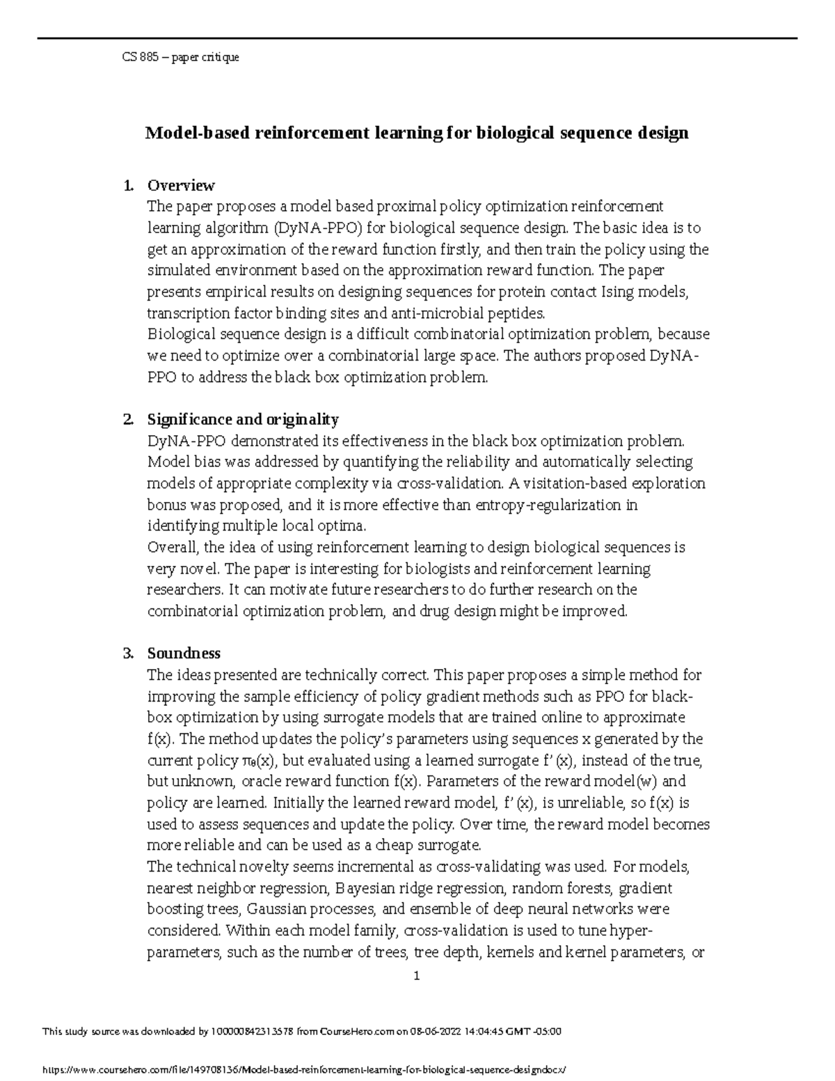 Model based reinforcement learning for biological sequence design - CS 885 paper critique - Studocu