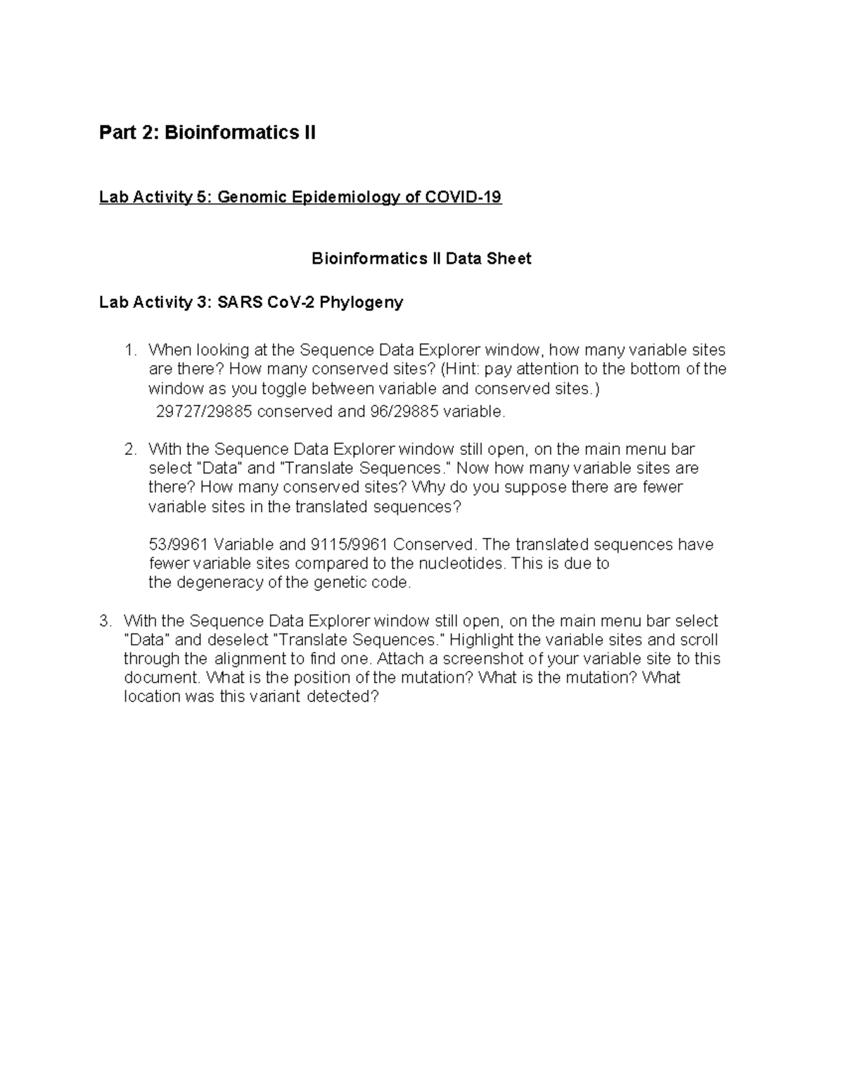 DNA Lab pt 2 - Part 2: Bioinformatics II Lab Activity 5: Genomic Epidemiology of COVID- - Studocu