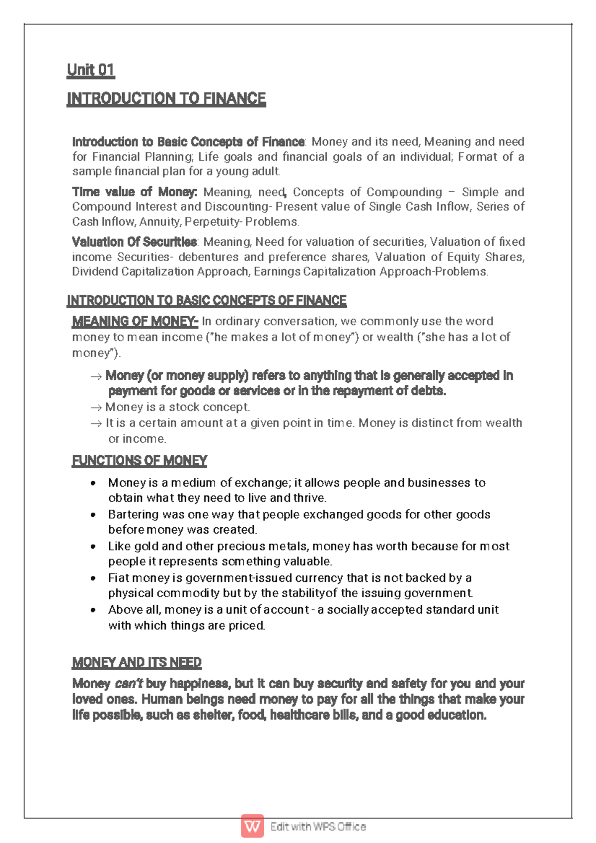 FE&IA Module 1 - Unit 01 INTRODUCTION TO FINANCE Introduction to Basic ...