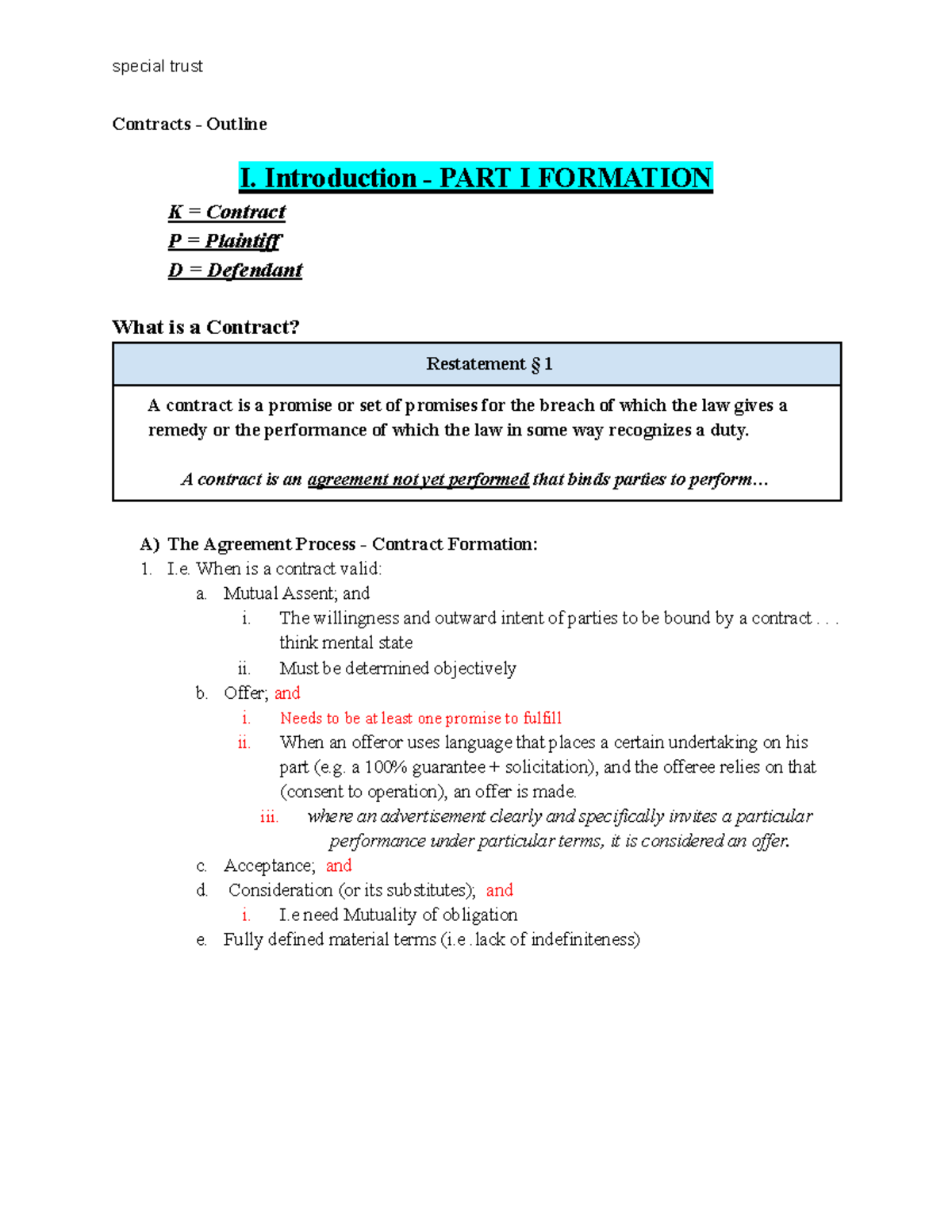 Contracts-outline - 1L Contracts Outline - Contracts - Outline I. Introduction - PART I ...