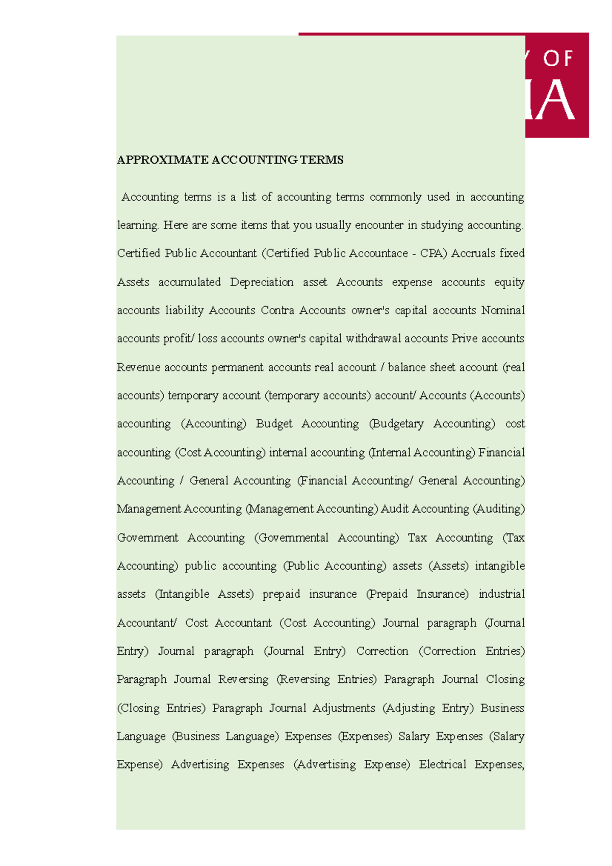 Documents Accounting - Approximate Accounting Terms - APPROXIMATE ...