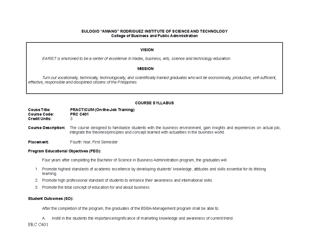 Suggested Format FOR Syllabus - EULOGIO “AMANG” RODRIGUEZ INSTITUTE OF ...