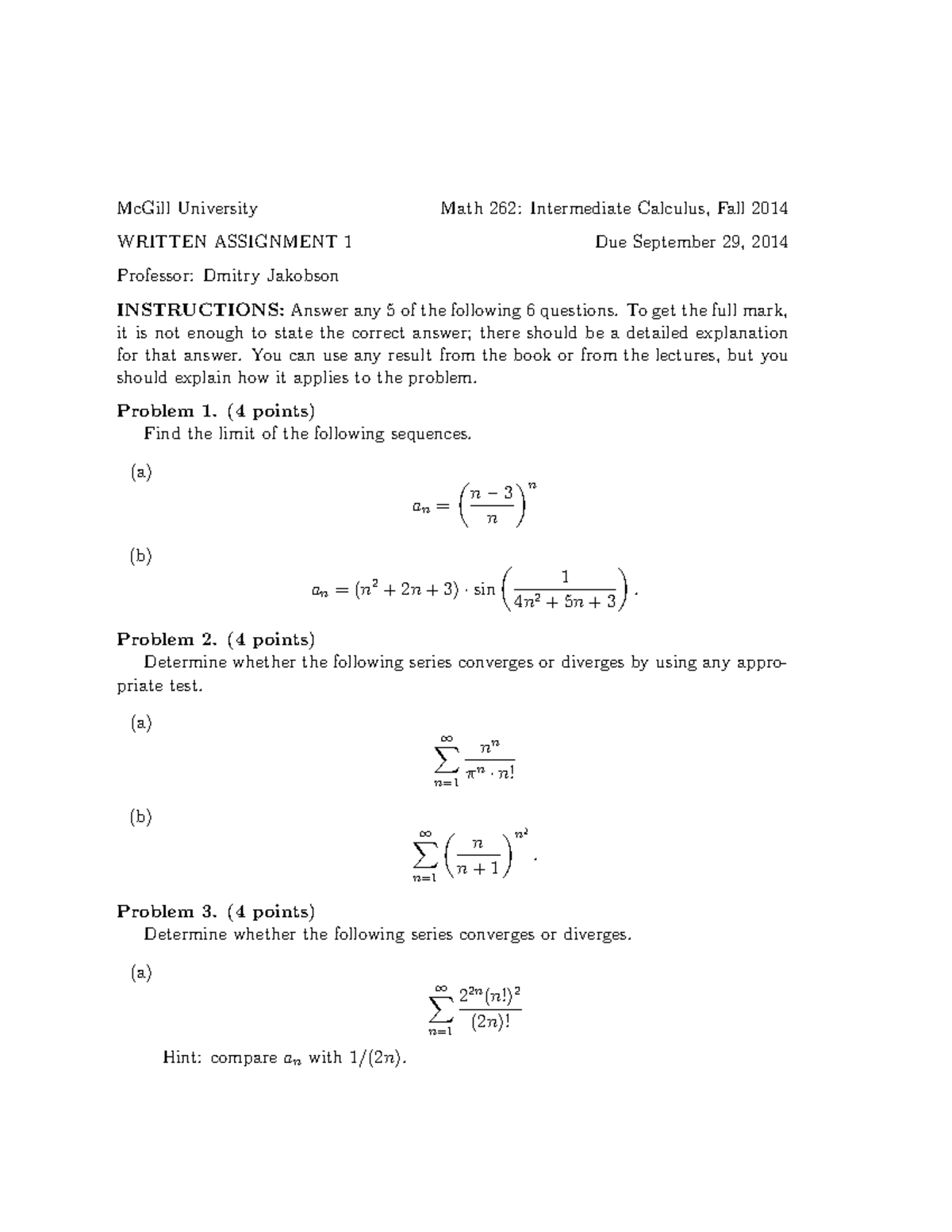 Seminar assignments, Intermediate Calculus, Assignment 1, questions ...