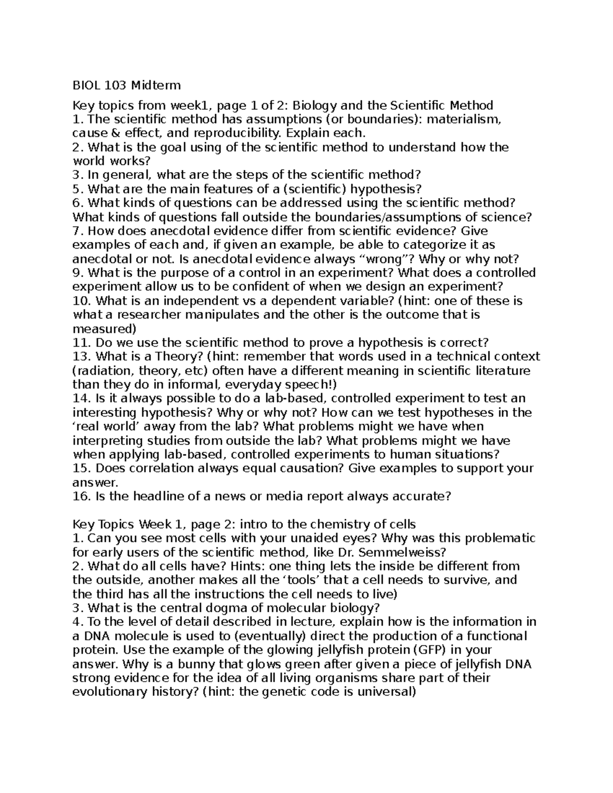BIOL 103 Midterm - BIOL 103 Midterm Key topics from week1, page 1 of 2 ...