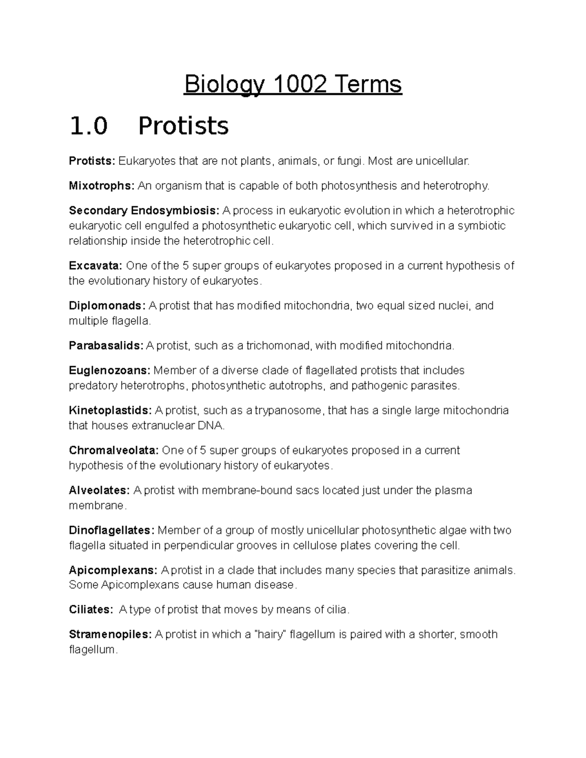 Biology 1002 Terms - Biology 1002 Terms 1 Protists Protists: Eukaryotes ...