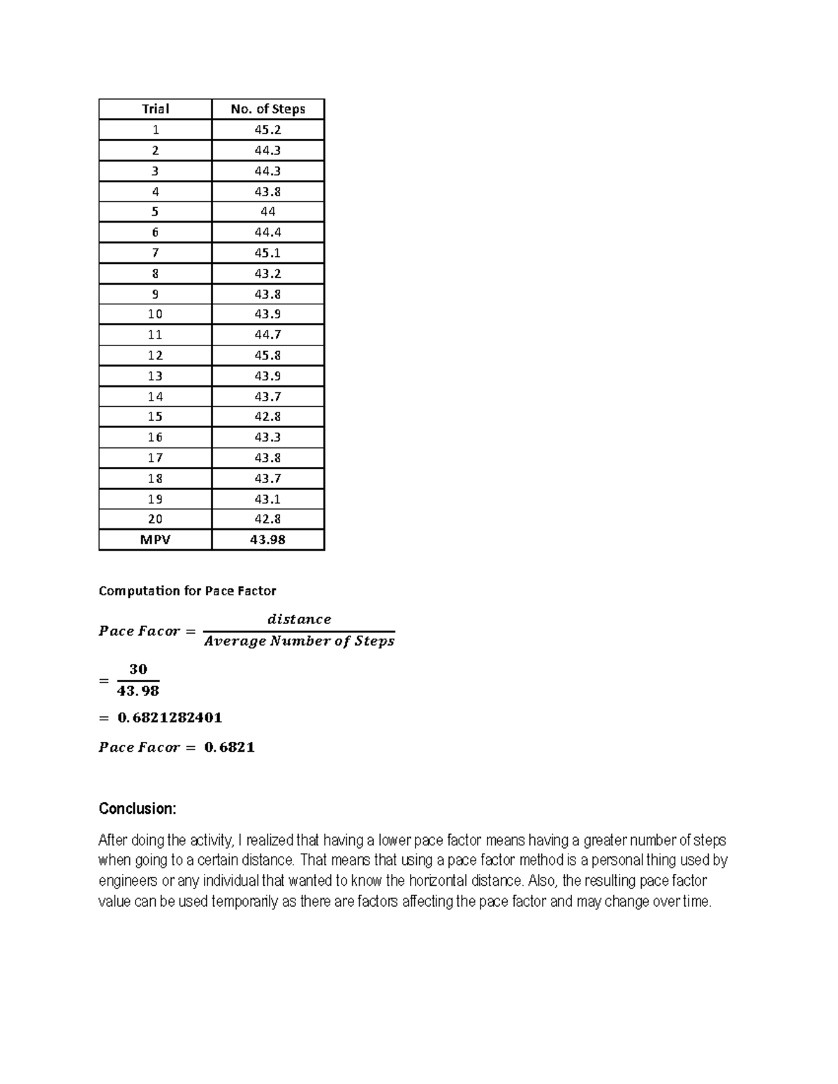 Pace-Factor - pace factor practice - Trial No. of Steps 1 45. 2 44. 3 ...