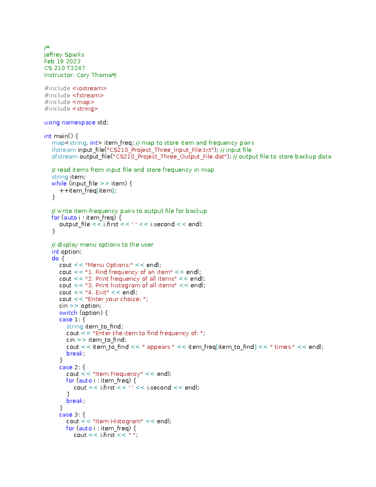 Jeffrey Sparks - Code for Final Project of CS 210 - /* Jeffrey Sparks Feb 19 2023 CS 210 T - Studocu