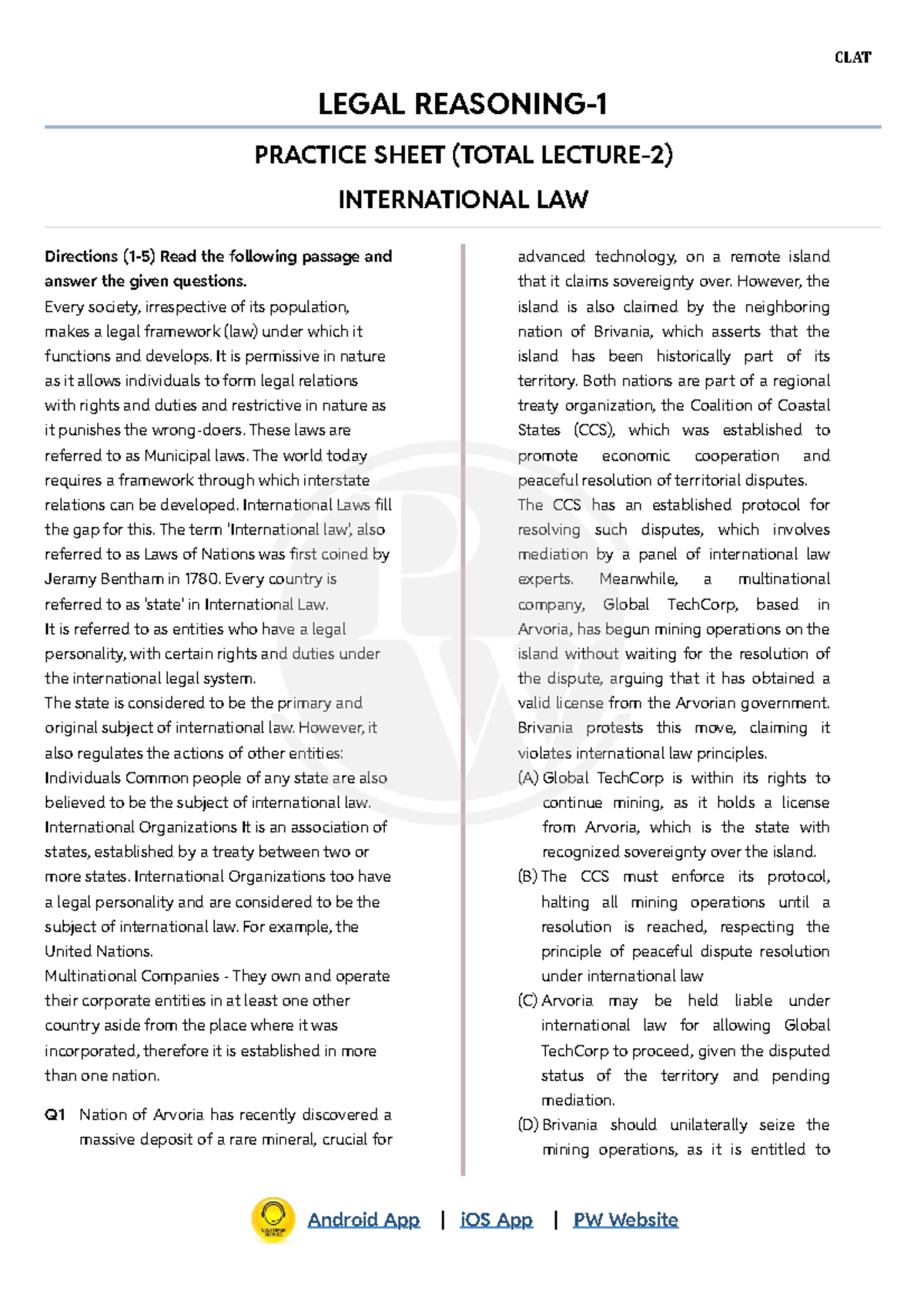 International Laws Practice Sheet PDF Only CLAT PRO 2025 Batch - LEGAL ...