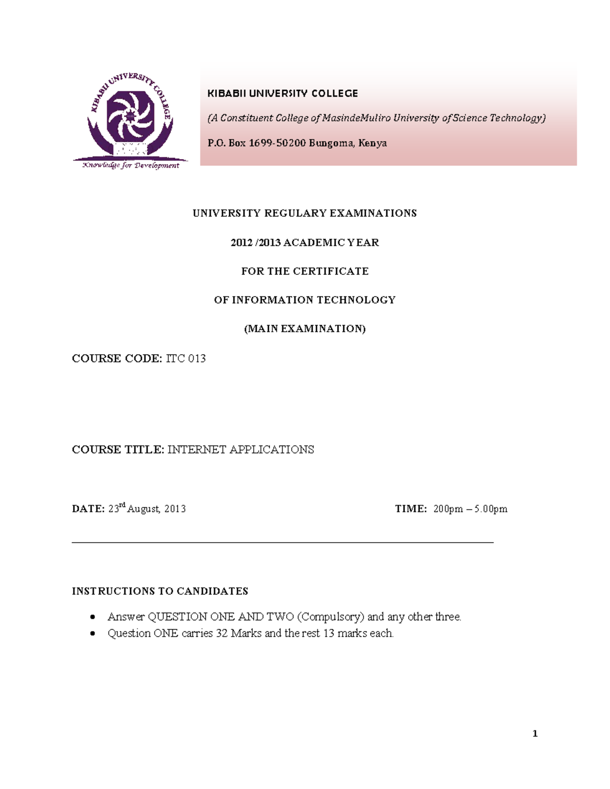 ITC-13 - past papers - UNIVERSITY OF INFORMATION TECHNOLOGY COURSE CODE ...
