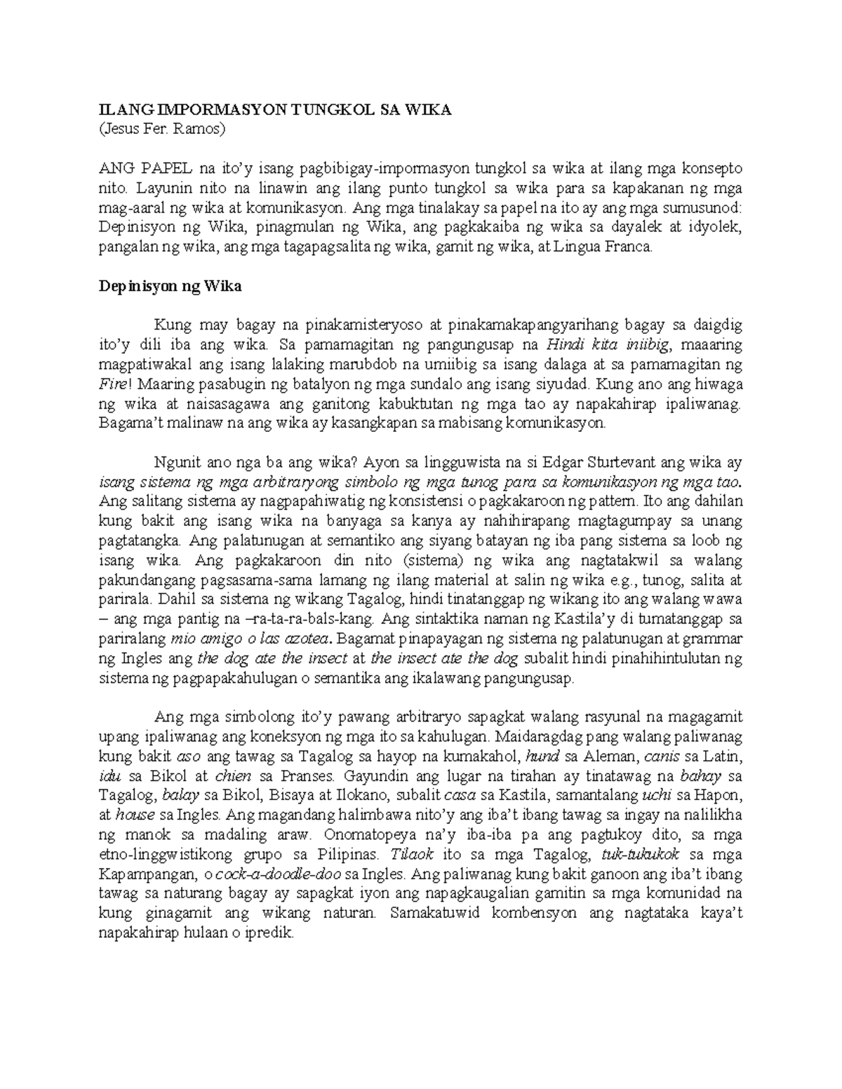 Document - Yeah - ILANG IMPORMASYON TUNGKOL SA WIKA (Jesus Fer. Ramos ...