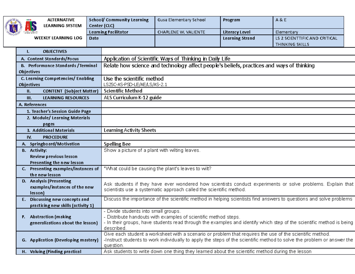 WLL Scientific Method - ALTERNATIVE LEARNING SYSTEM WEEKLY LEARNING LOG ...