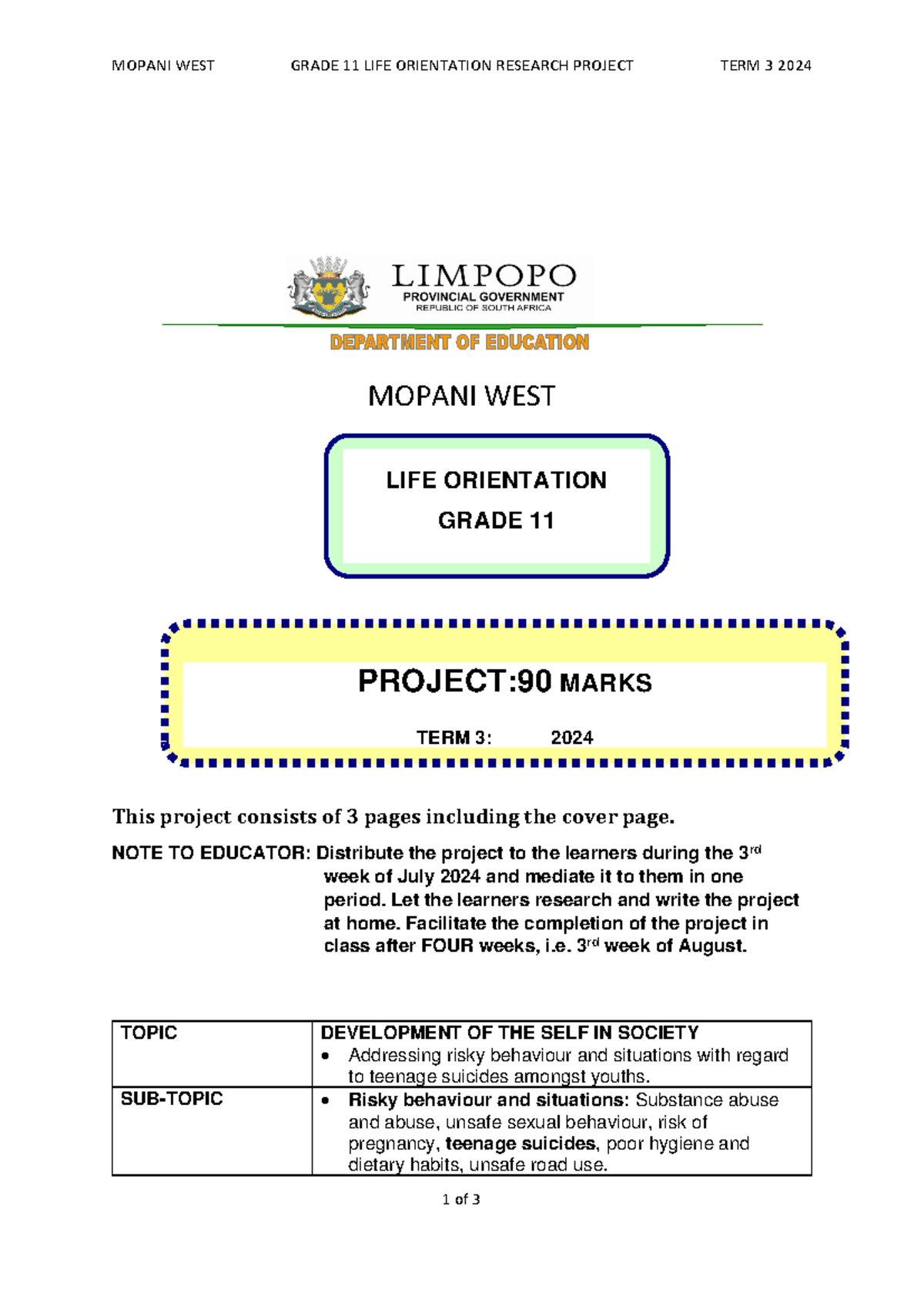 2024 Grade 11 LIFE Orientation Project - MOPANI WEST GRADE 11 LIFE ...