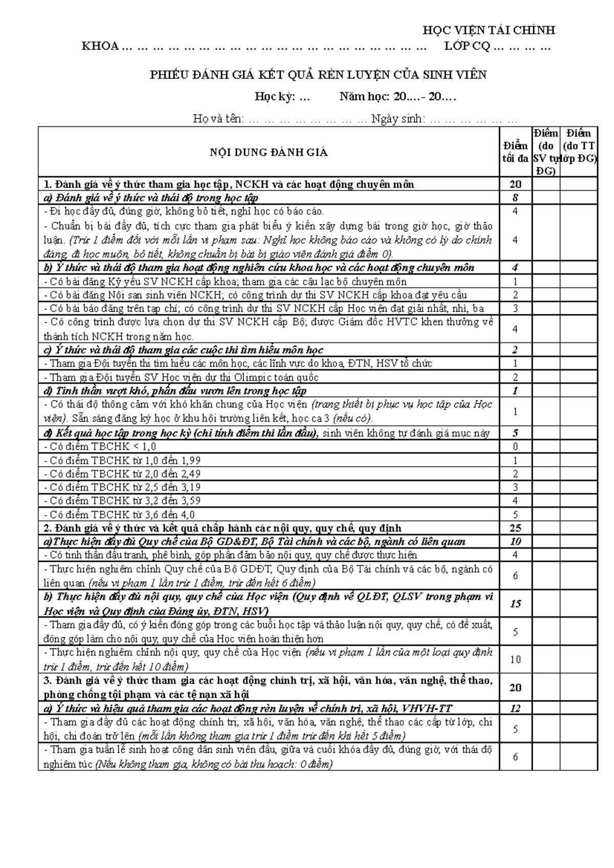 Phiếu chấm điểm rèn luyện SV 1 1 - HỌC VIỆN TÀI CHÍNH KHOA