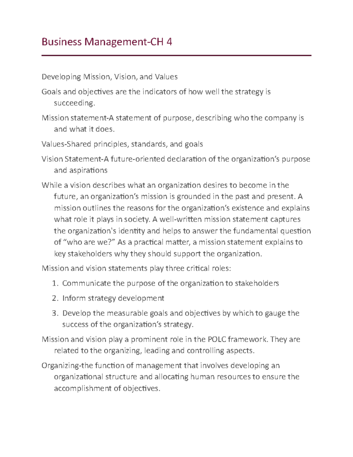 Chapter 4 notes - Business Management-CH 4 Developing Mission, Vision ...