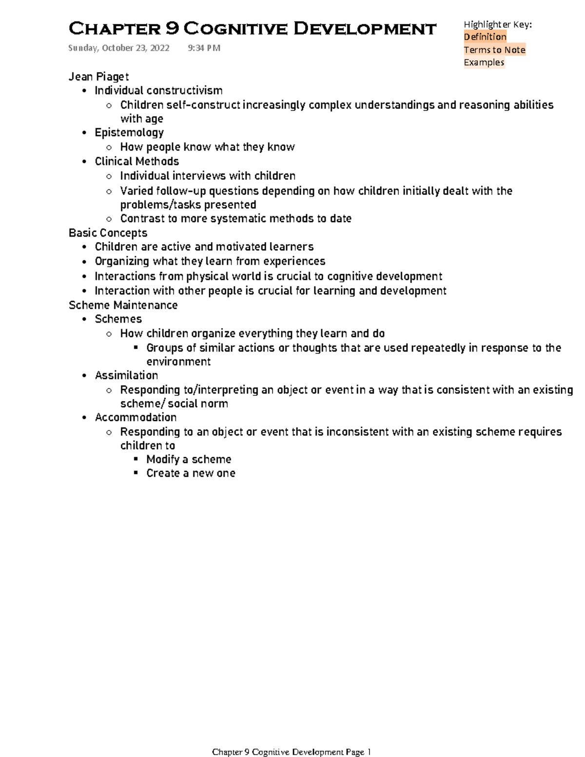Chapter 9 Cognitive Development - Highlighter Key: Definition Terms to ...