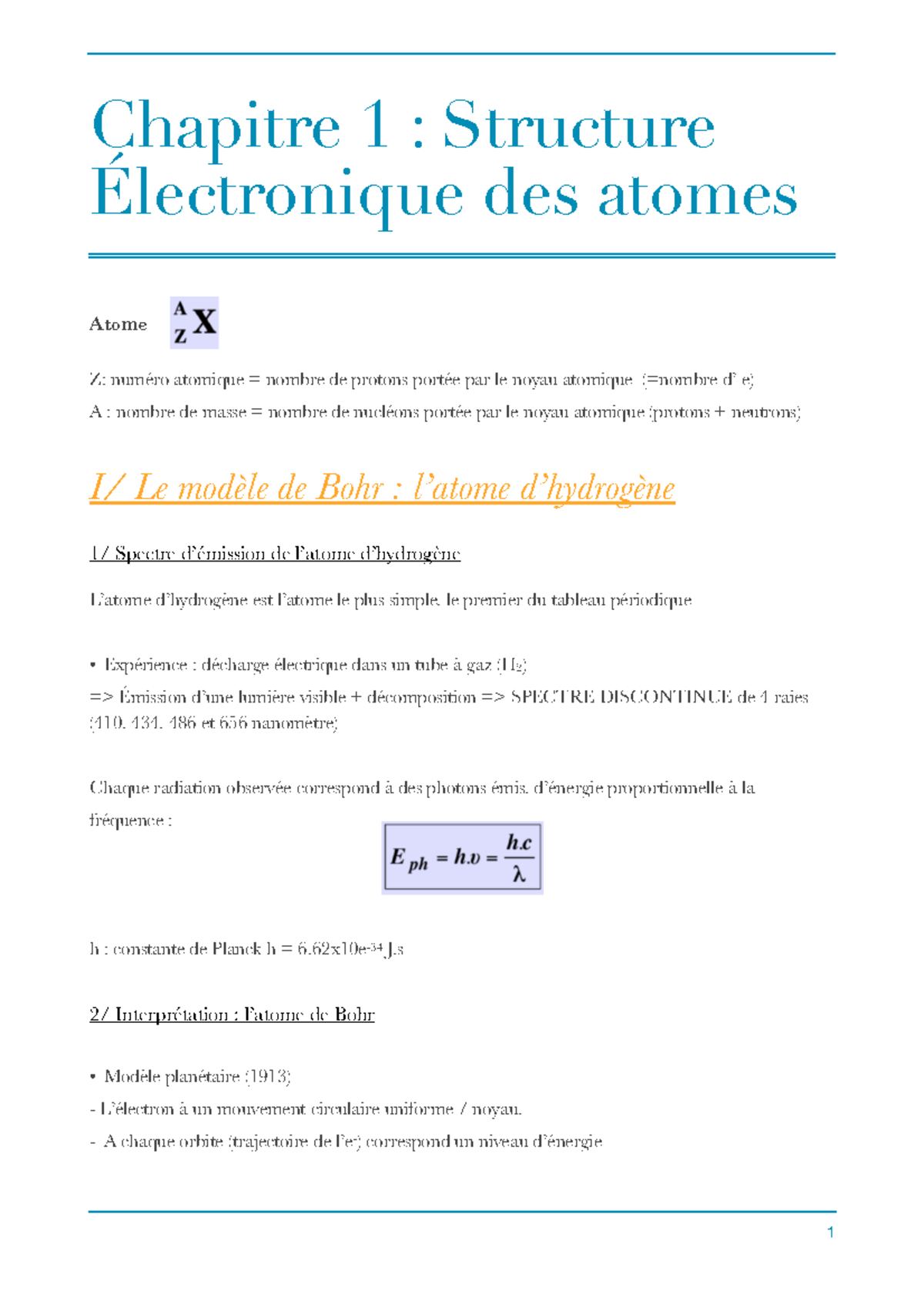 Chapitre 1 chimie - Chapitre 1 : Structure Électronique des atomes ...