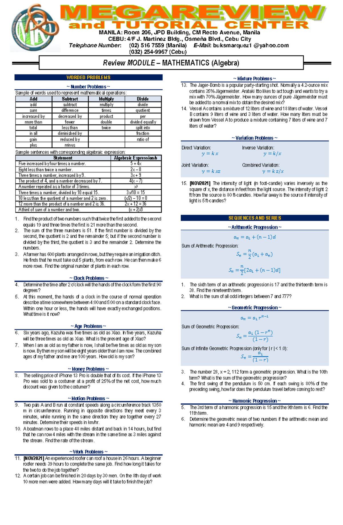 Review Module 01 - Algebra - Part 2 - MANILA: Room 206, JPD Building ...