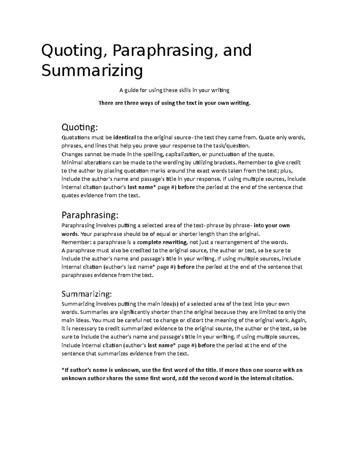 English- Quoting, Paraphrarsing, and Summarizing Notes - Quoting ...