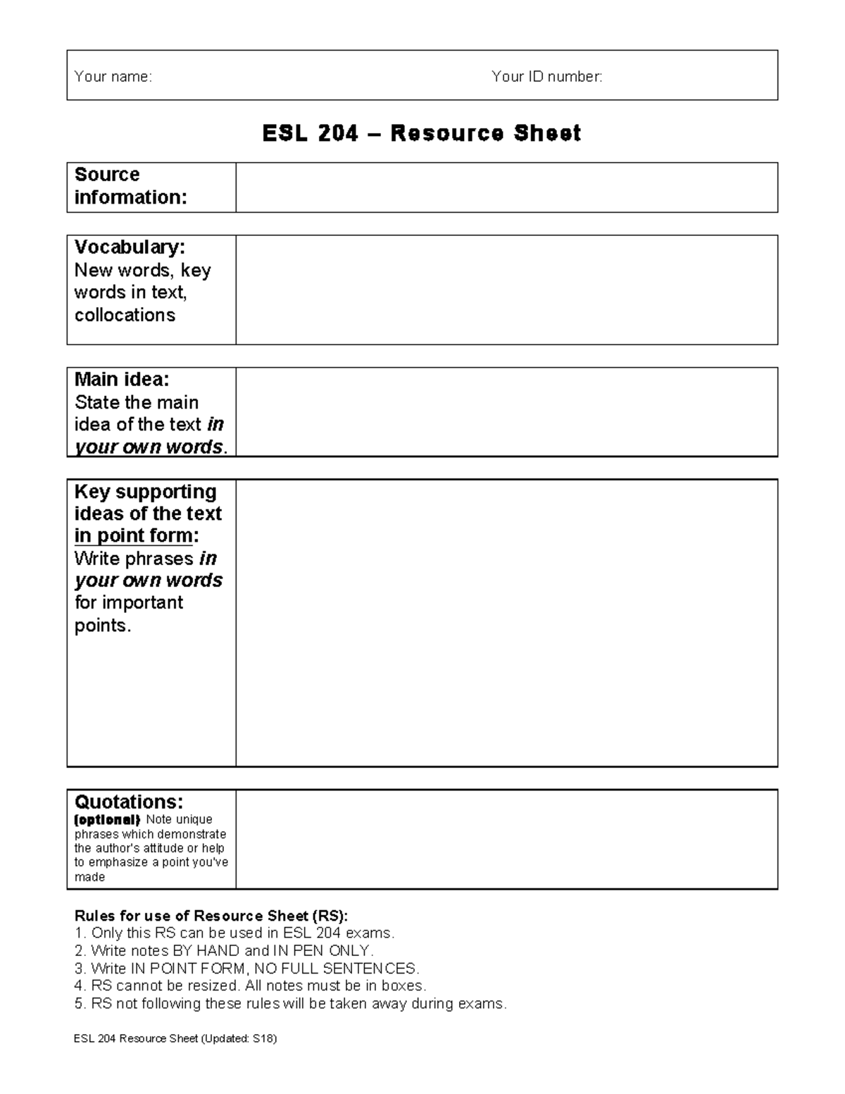 ESL 204 Resource Sheet S18 NEW PDF - Your name: Your ID number: ESL 204 ...