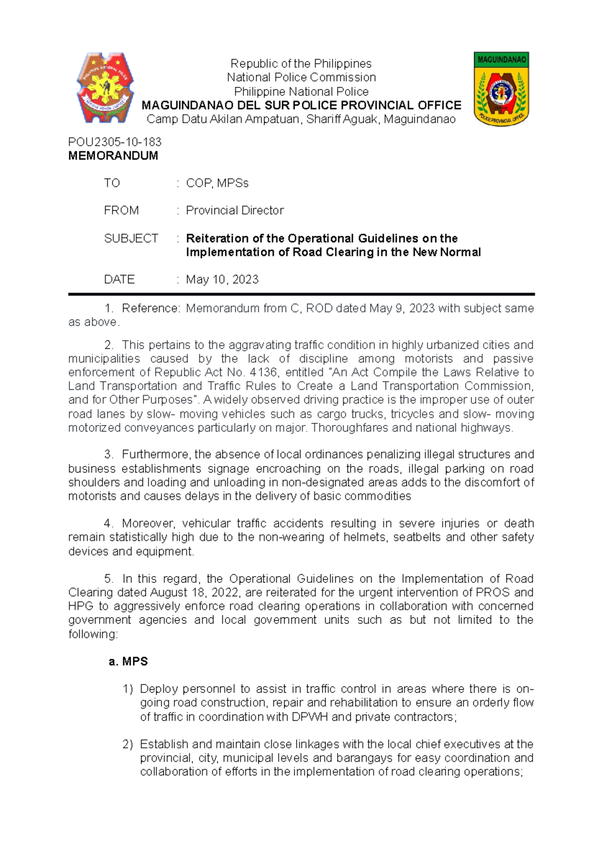 ROAD Clearing Operation - Republic of the Philippines National Police ...