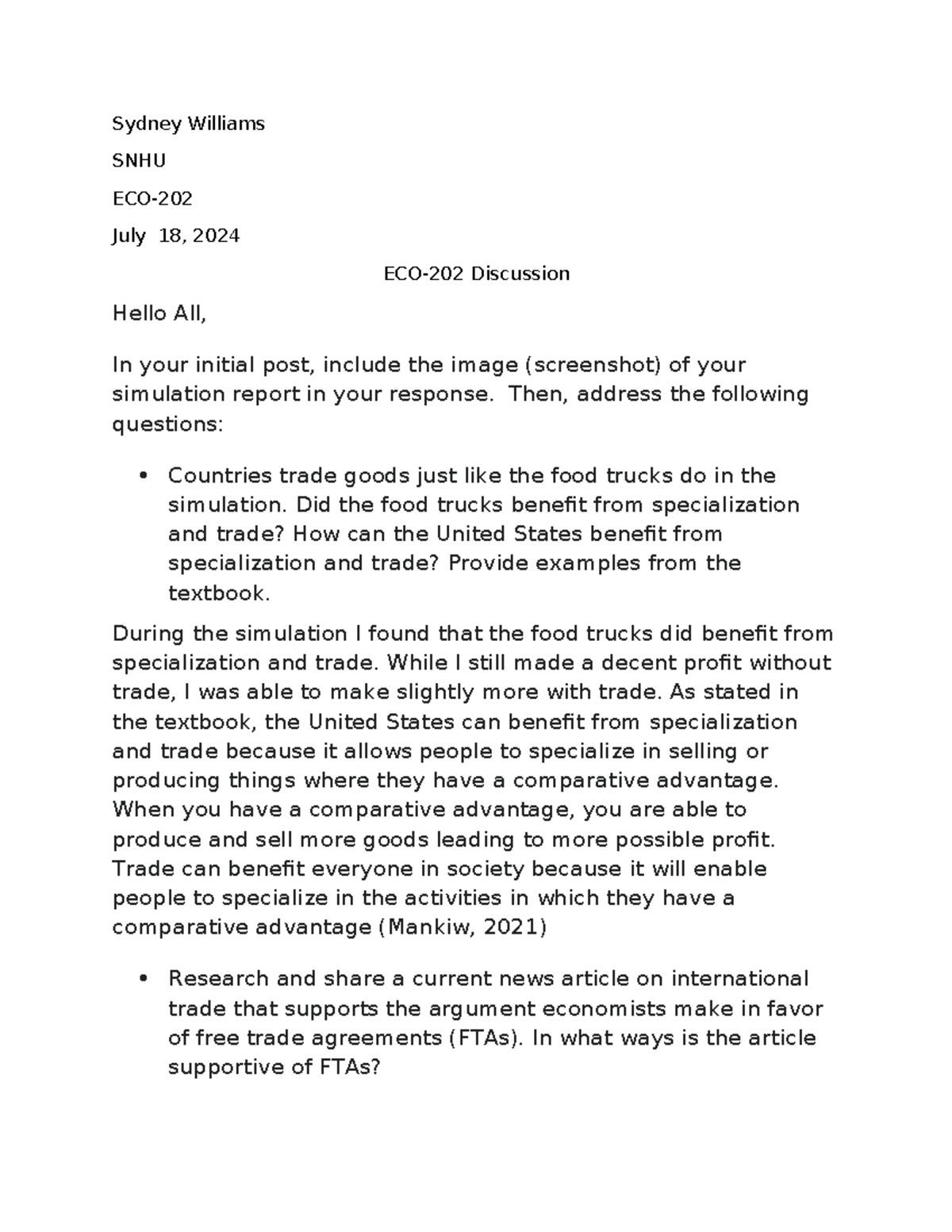 ECO-202 Module 2 Discussion on Specialization and Trade - Sydney ...