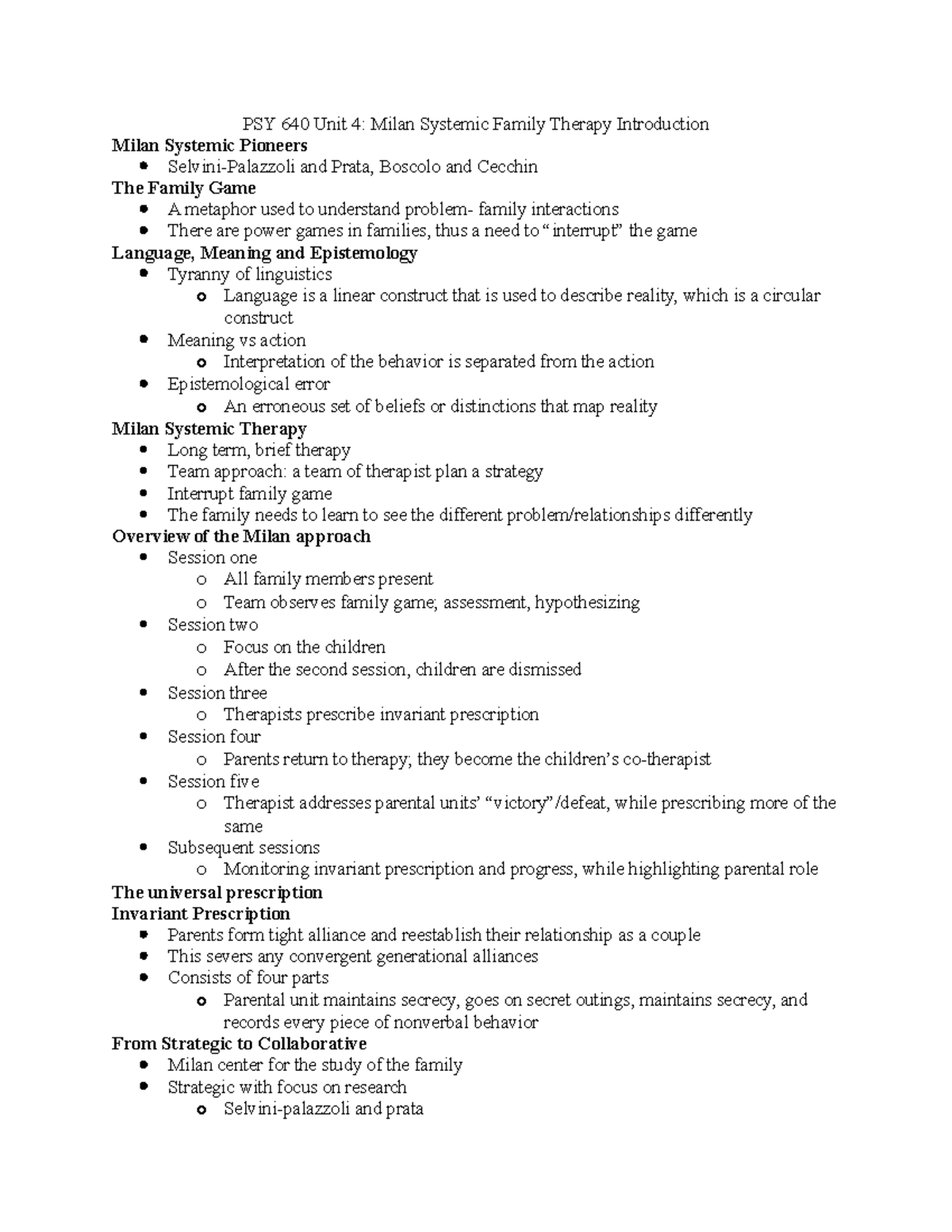PSY 640 Unit 4 - professor nadia - PSY 640 Unit 4: Milan Systemic Family Therapy Introduction ...