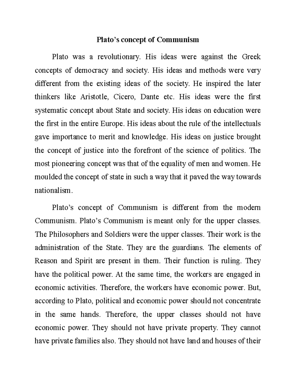 Plato's Communism - Lecture notes 1-2 - Plato’s concept of Communism ...