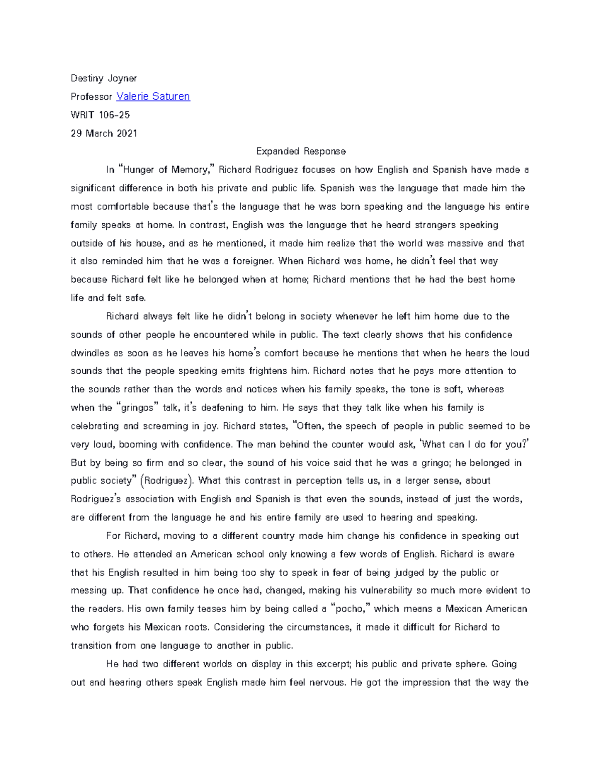 Expanded Response - Grade: A - Destiny Joyner Professor Valerie Saturen ...