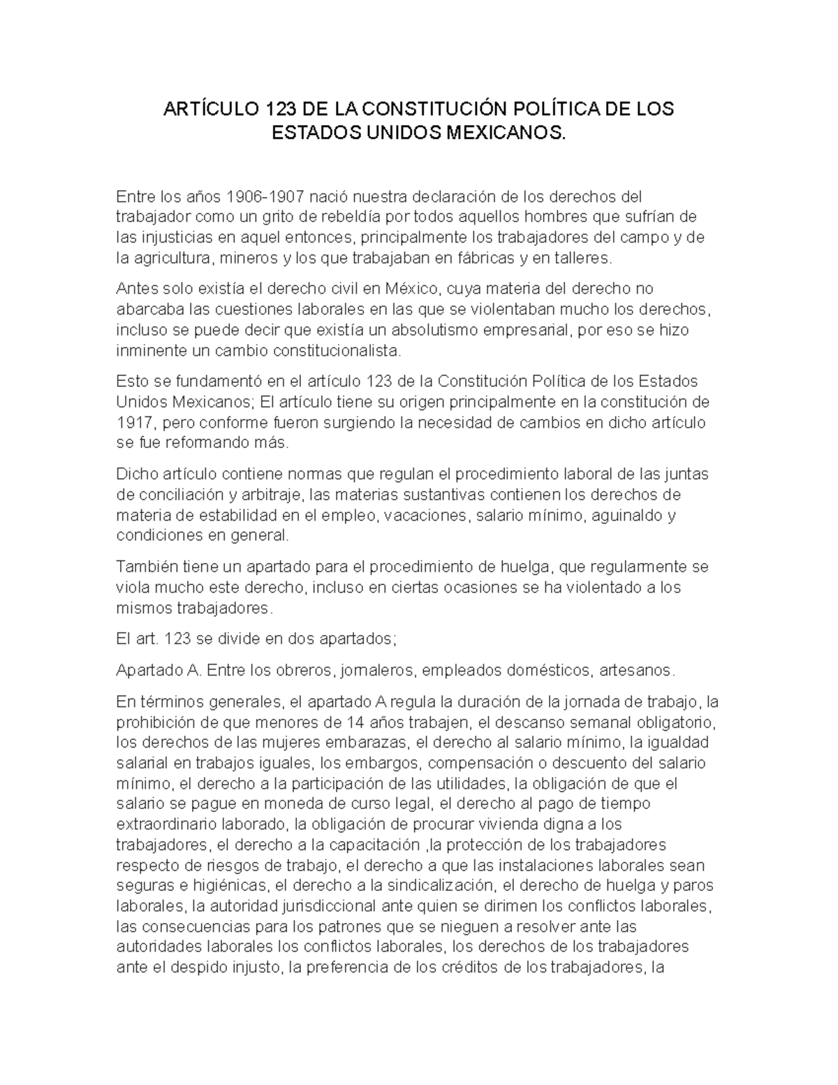 Artículo 123 - Derecho - ARTÍCULO 123 DE LA CONSTITUCIÓN POLÍTICA DE ...