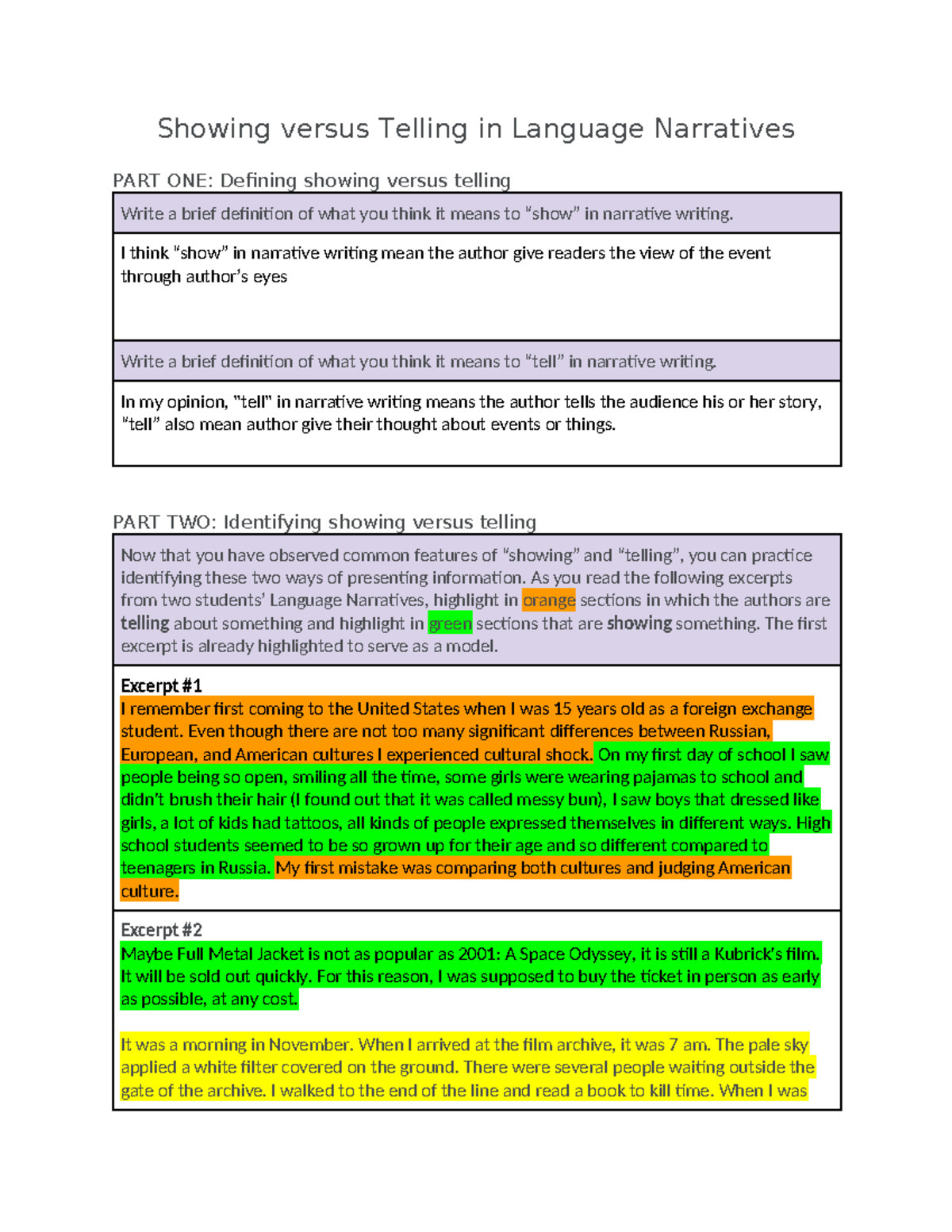 DD5 Task 1 - dd5 Task 1 - Showing versus Telling in Language Narratives ...
