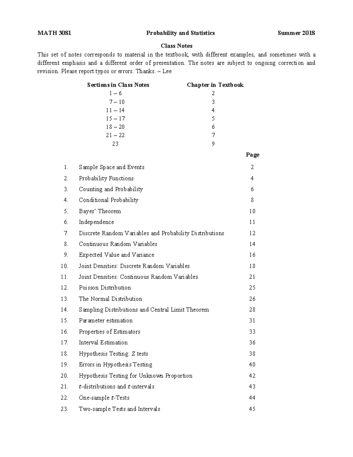 3081 Class Notes Lecture notes 1-100 - MATH 3081 Probability and ...