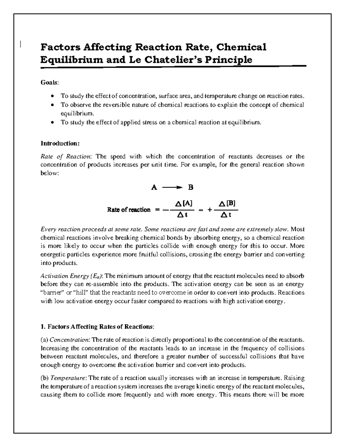 Experiment 6- Reaction Rate and Chemical Equilibrium - Factors ...