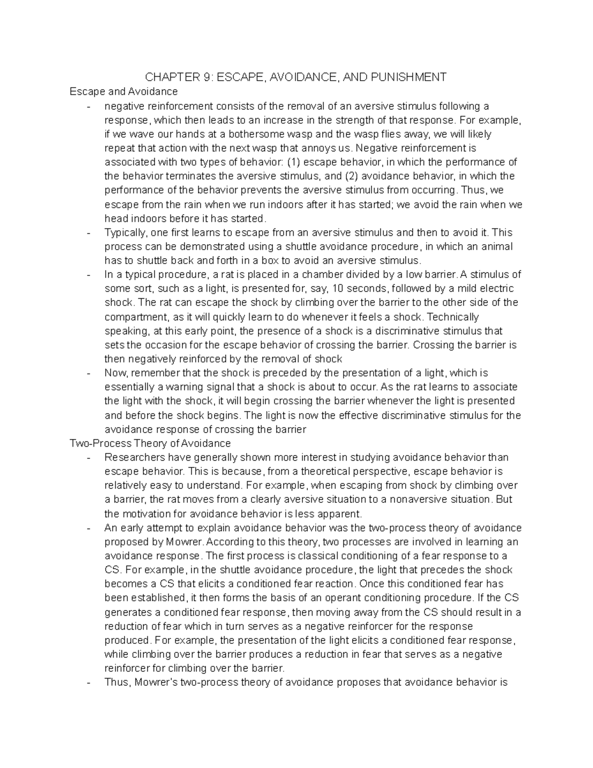 Psychology of Learning Chapter 9 - CHAPTER 9: ESCAPE, AVOIDANCE, AND ...