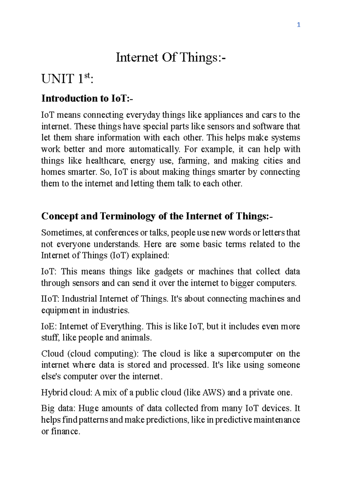 Internet Of Things unit-1 - Internet Of Things:- UNIT 1 st : Introduction to IoT:- IoT means ...