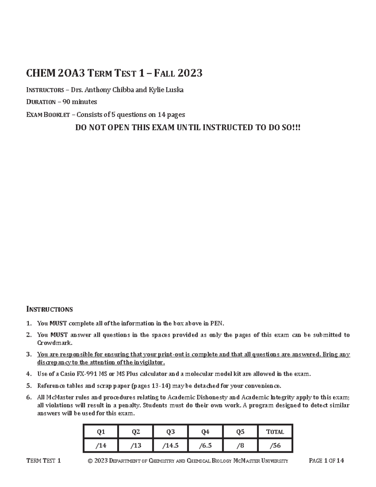 2OA3 Term Test 1 Fall 2023 Version 1 - ͳ ̹ ʹͲʹ͵ - Studocu