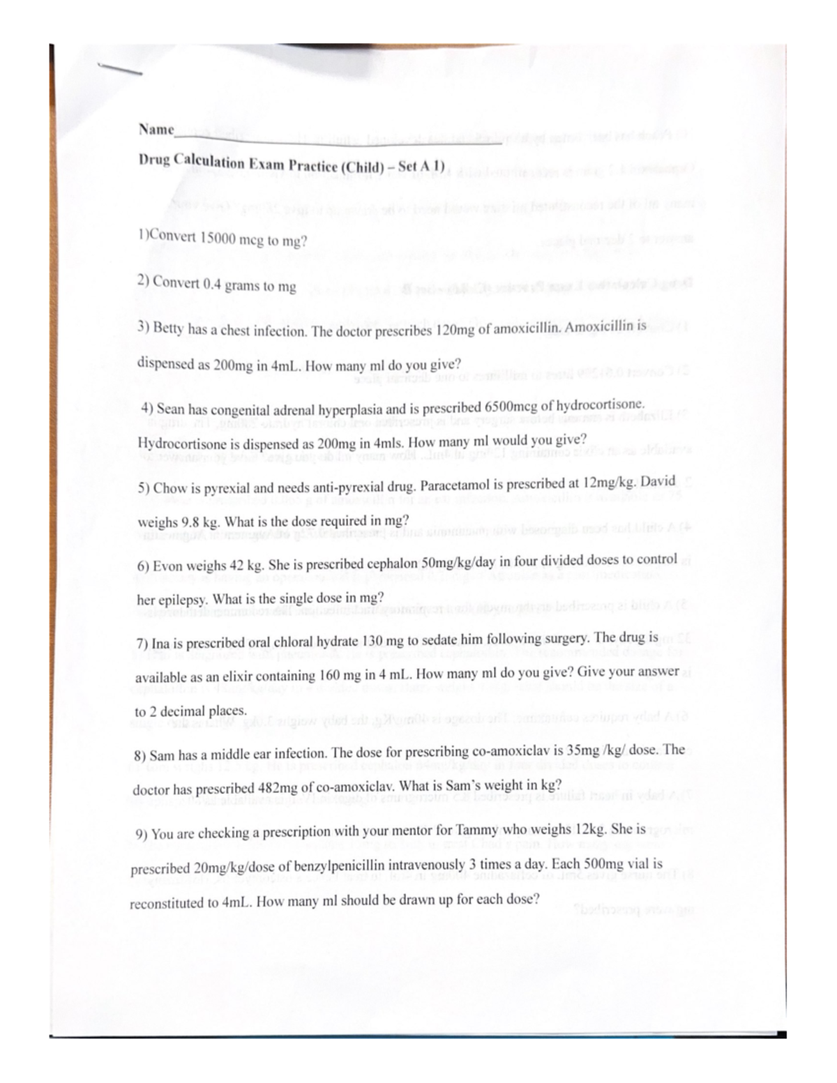 Drug Calculation Exam Practice Child Set A 1 The Doctor