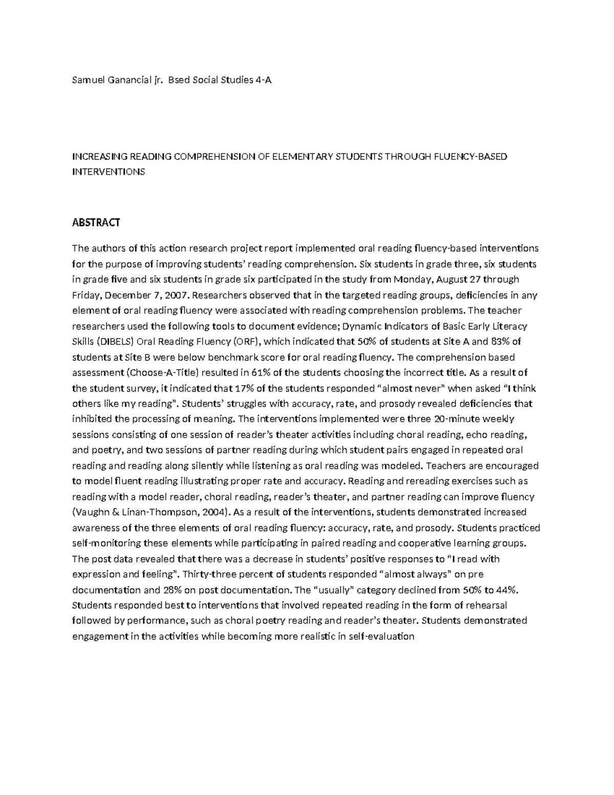 Abstract OF Complete Action Research - Samuel Ganancial jr. Bsed Social ...