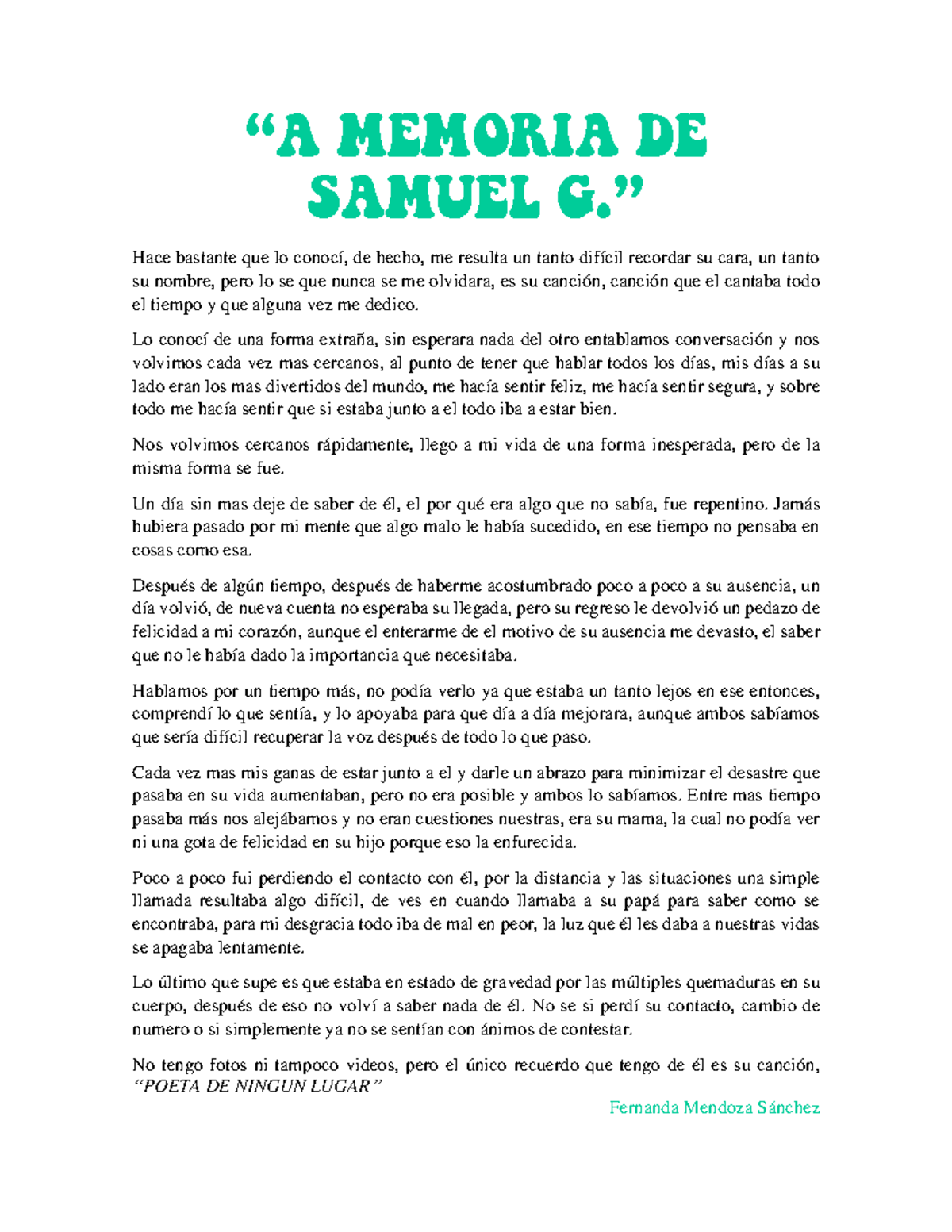 A Memoria DE Samuel G - carta - “A MEMORIA DE SAMUEL G.” Hace bastante ...