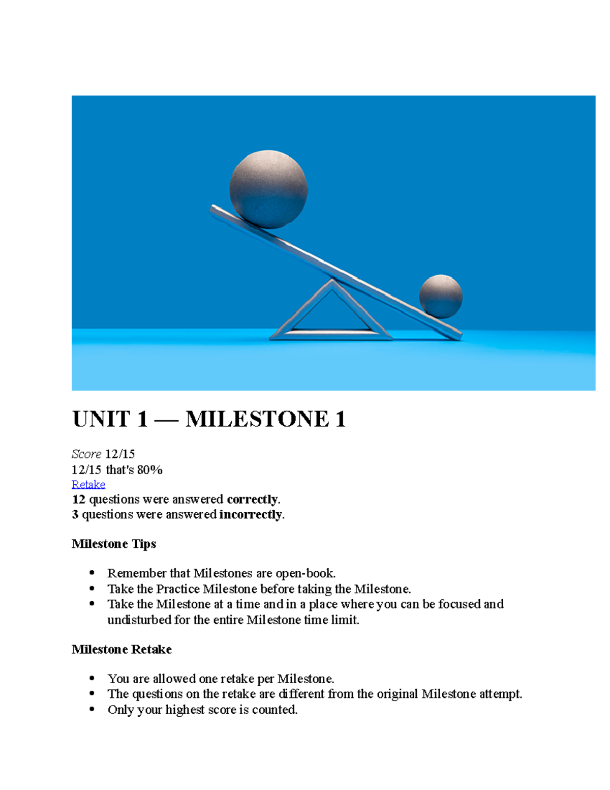 Intro to Ethics milestone 1 - UNIT 1 — MILESTONE 1 Score 12/ 12/15 that's 80% Retake 12 ...