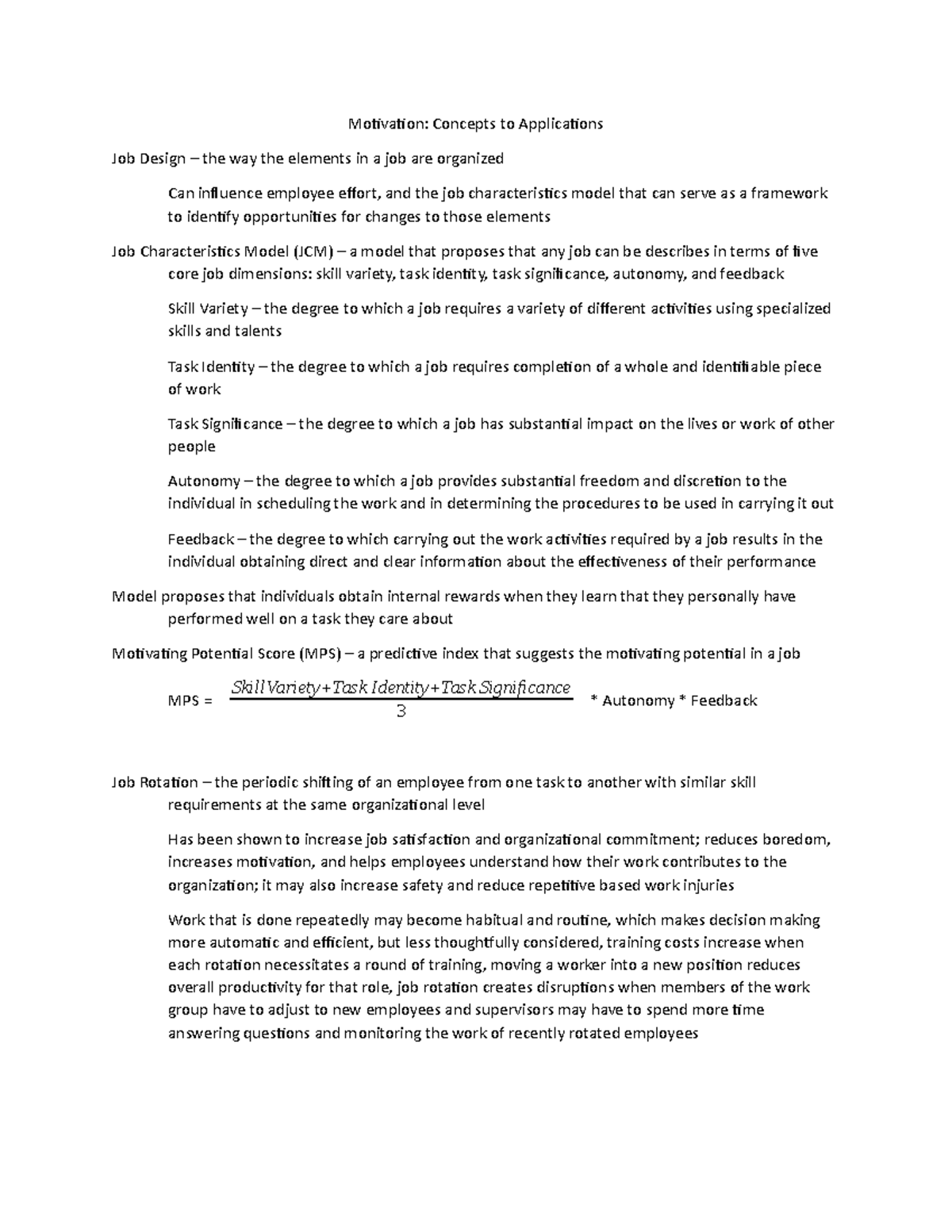 Chapter 8 Notes - Motivation: Concepts to Applications Job Design – the ...