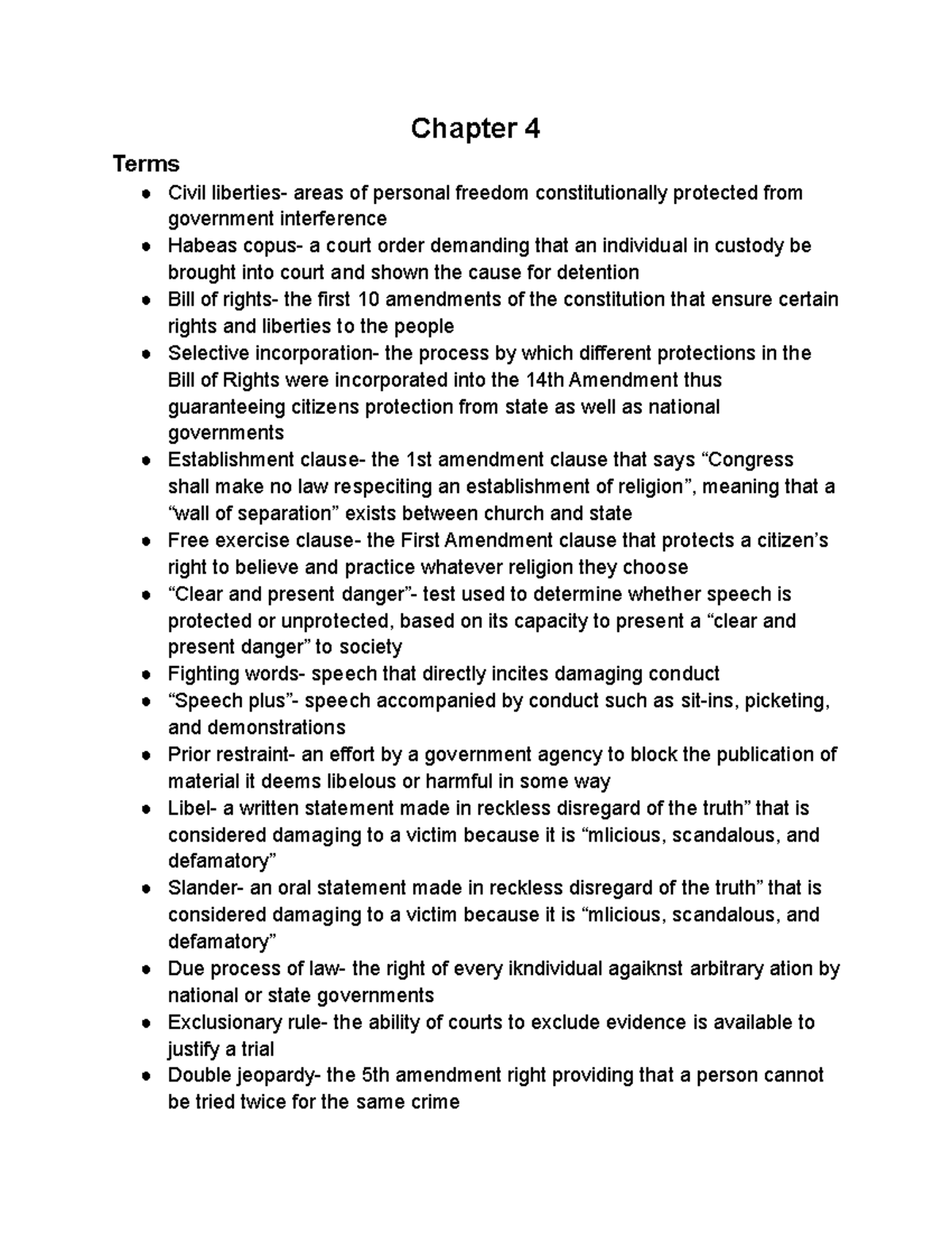 Chapter 4 Government Notes - Chapter 4 Terms Civil liberties- areas of ...