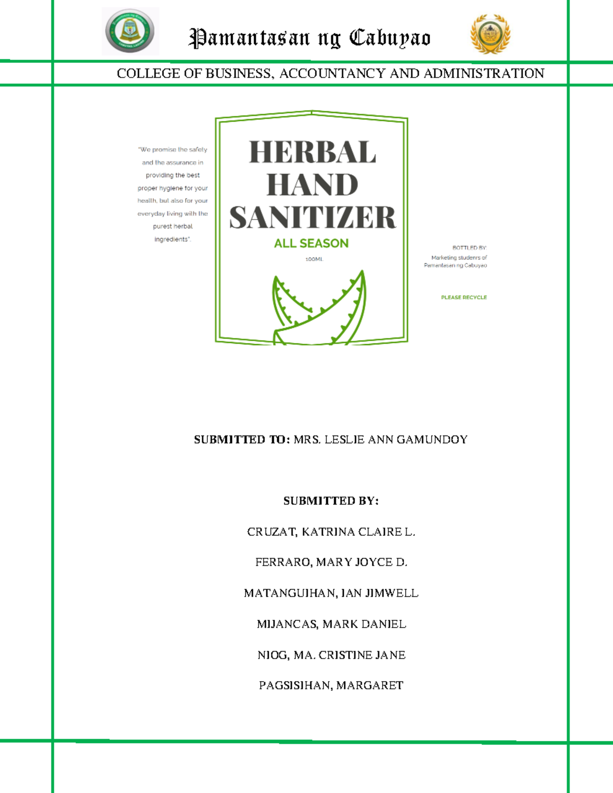 Herbal HAND Sanitizer - COLLEGE OF BUSINESS, ACCOUNTANCY AND ...