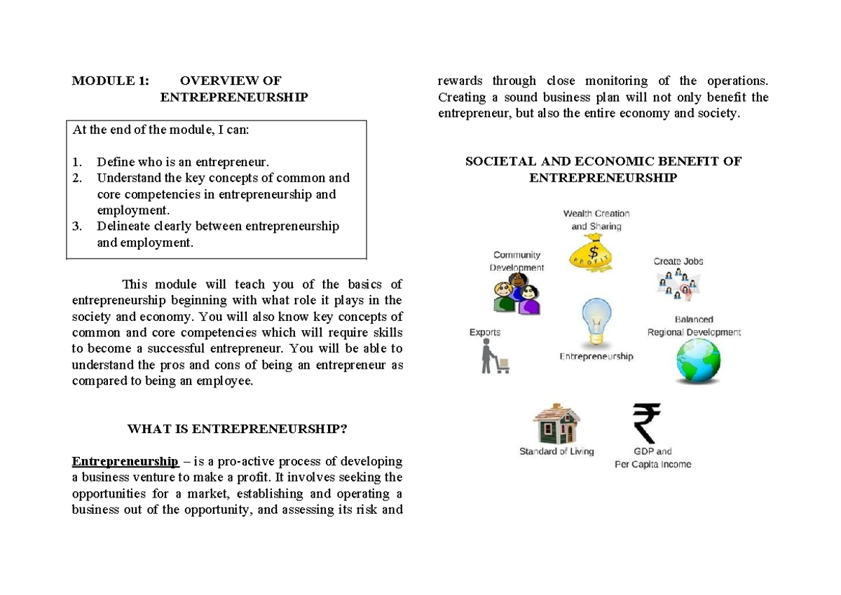 Module entrep 1 overview - MODULE 1: OVERVIEW OF ENTREPRENEURSHIP At the end of the module, I ...