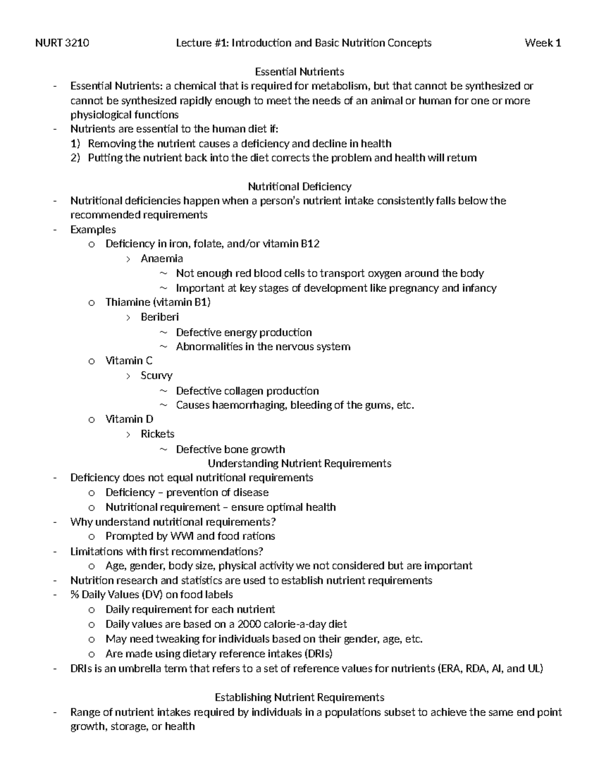 Lecture 1 - Week 1 - NURT 3210 Lecture #1: Introduction and Basic Nutrition Concepts Week 1 ...